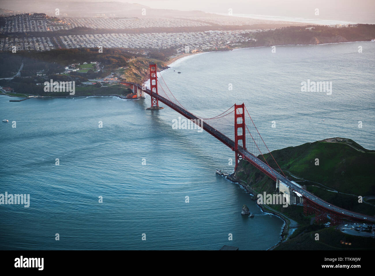 Aerial view of Golden Gate Bridge over San Francisco Bay Stock Photo ...