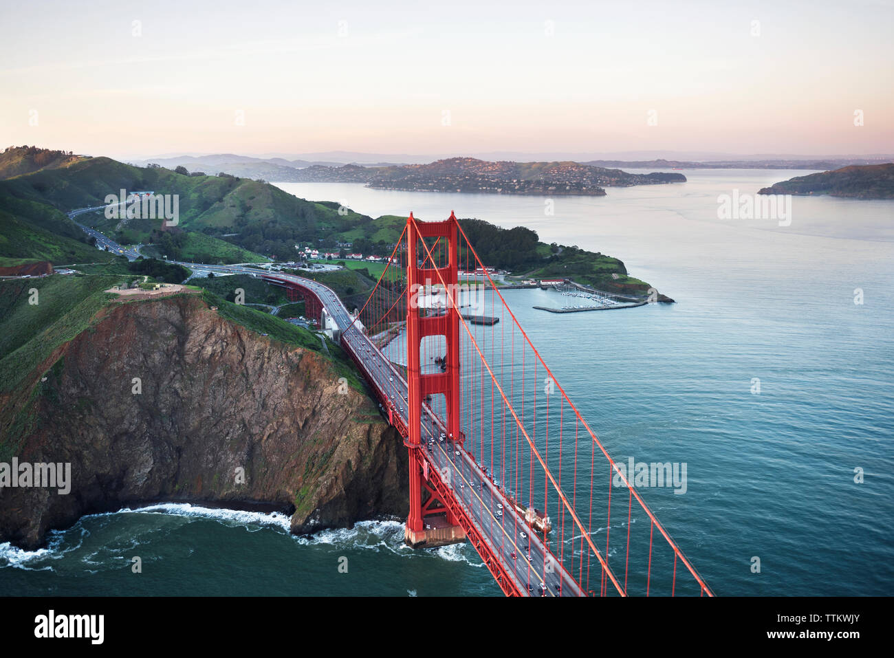 Aerial view of Golden Gate Bridge over San Francisco Bay against sky ...