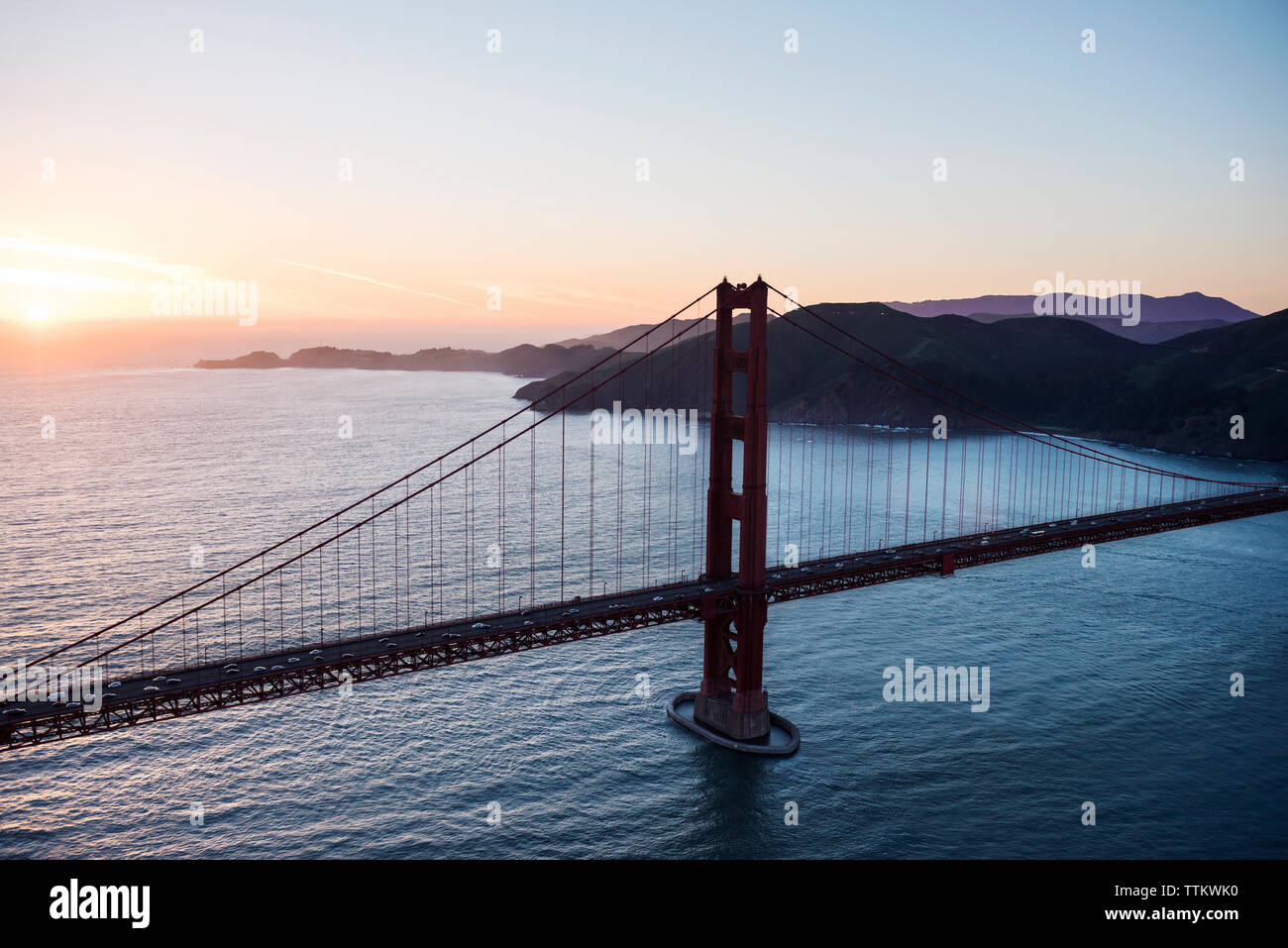 Golden gate bridge at sunset aerial view, san francisco hi-res stock ...