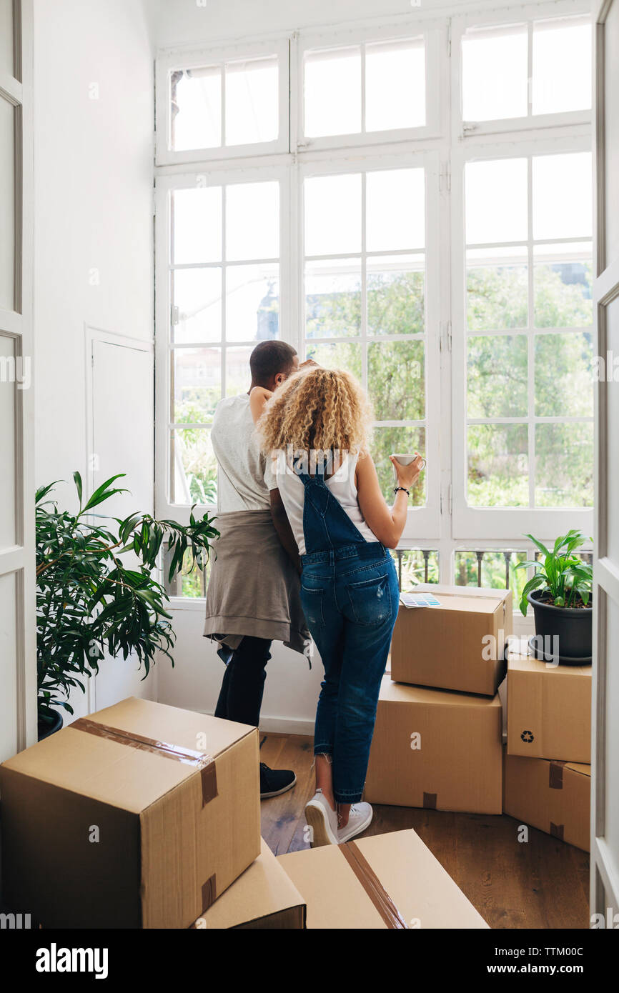 Rear view of couple looking through window while standing in new home ...