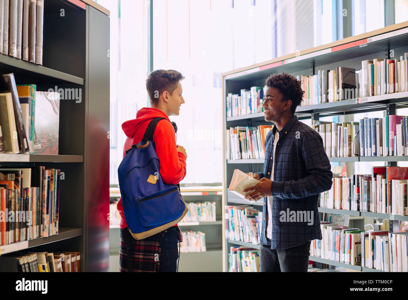 Male friends talking while standing in library Stock Photo - Alamy