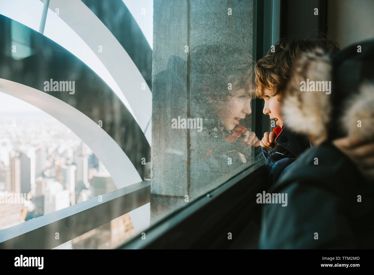 Side view of brothers looking through window at home Stock Photo - Alamy