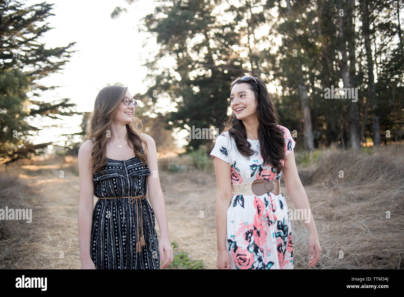 Happy sisters talking while walking on field against trees in forest ...