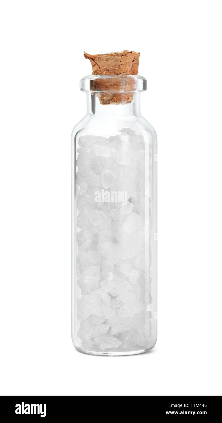 Rough salt in glass bottle on white background Stock Photo - Alamy