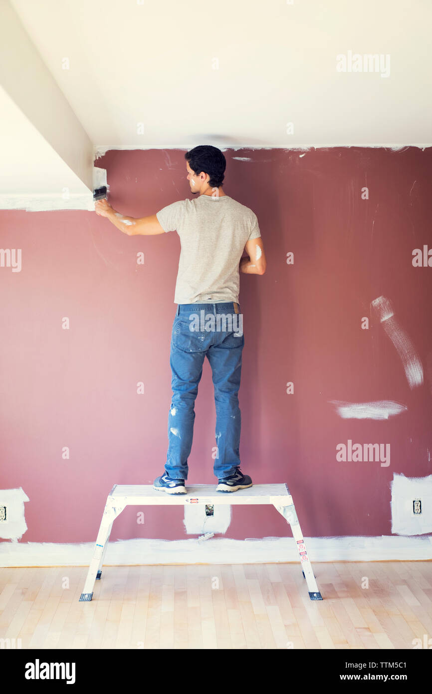 Rear view of man painting wall at home Stock Photo - Alamy