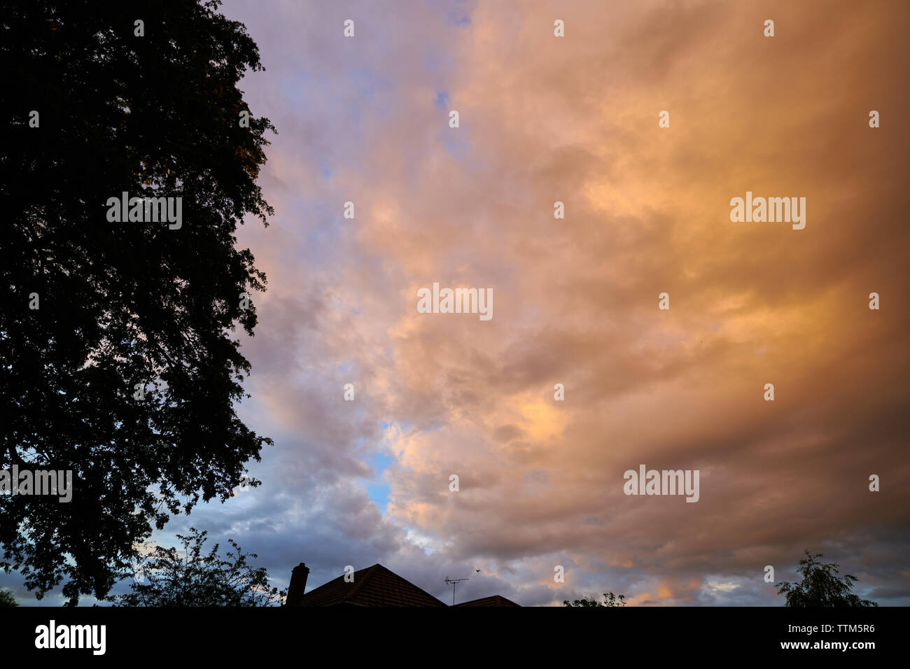 Evening skylight as the sun shines on rain clouds after a rainy day ...
