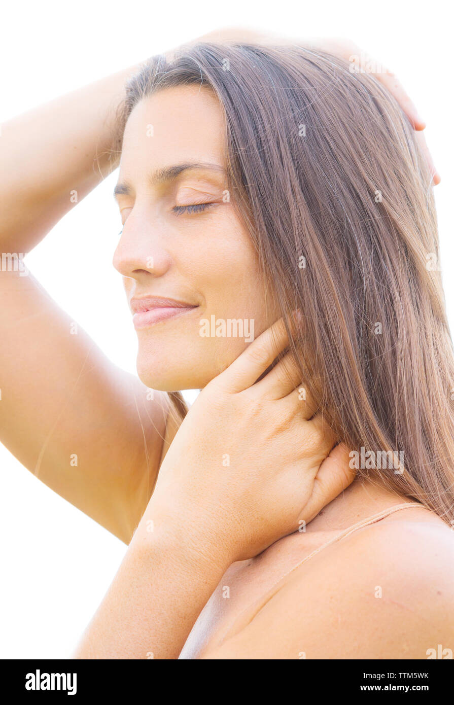 Her stunning portrait is captured against a white background Stock ...