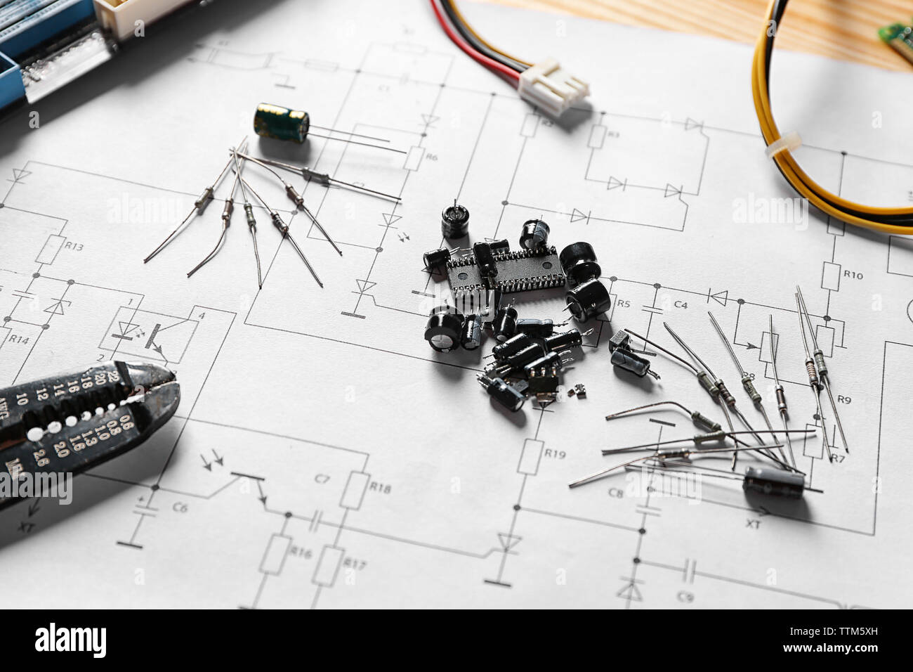 Electronic components on engineering drawings Stock Photo - Alamy