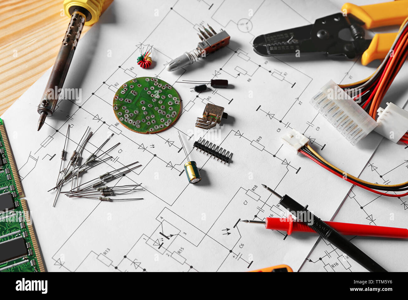 Electronic components on engineering drawings Stock Photo - Alamy