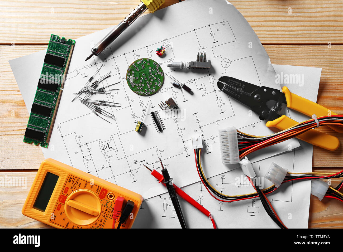 Electronic components on engineering drawings Stock Photo - Alamy