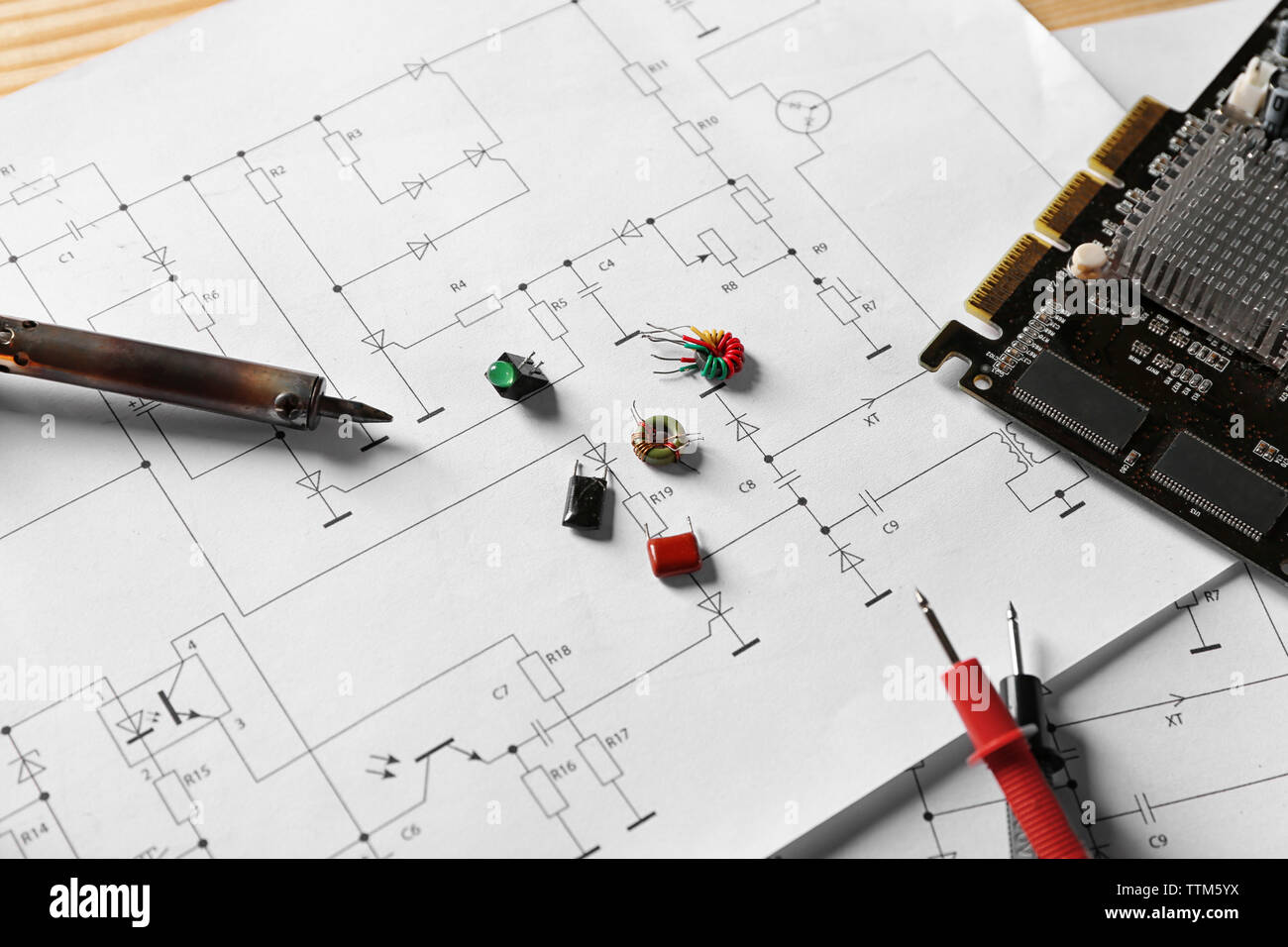 Electronic components on engineering drawings Stock Photo - Alamy