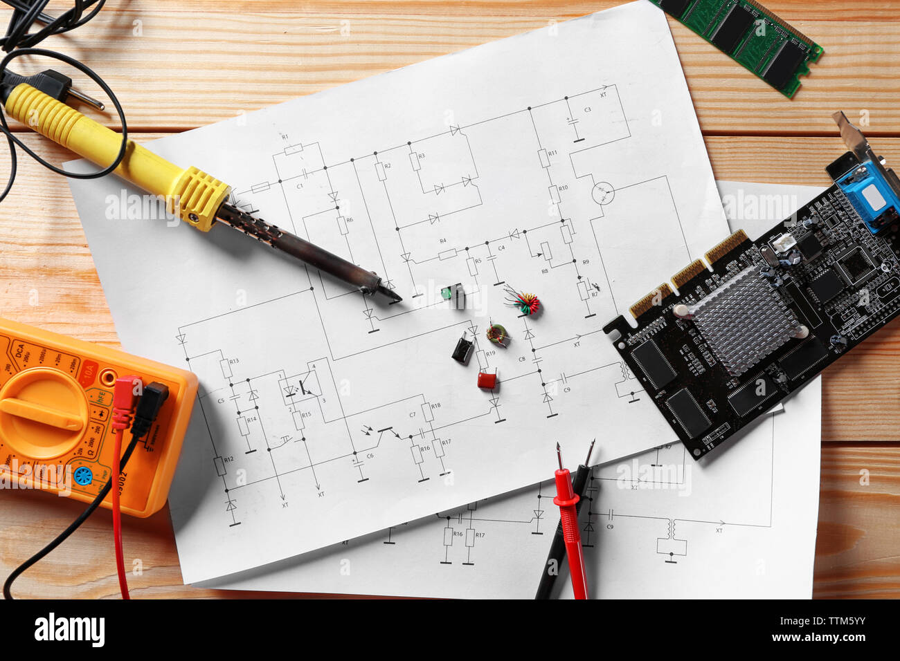Electronic components on engineering drawings Stock Photo - Alamy