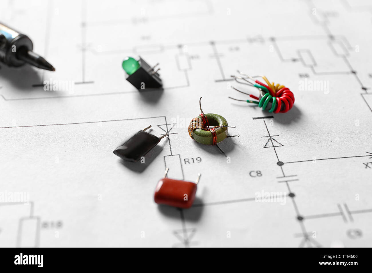 Electronic components on engineering drawings Stock Photo - Alamy