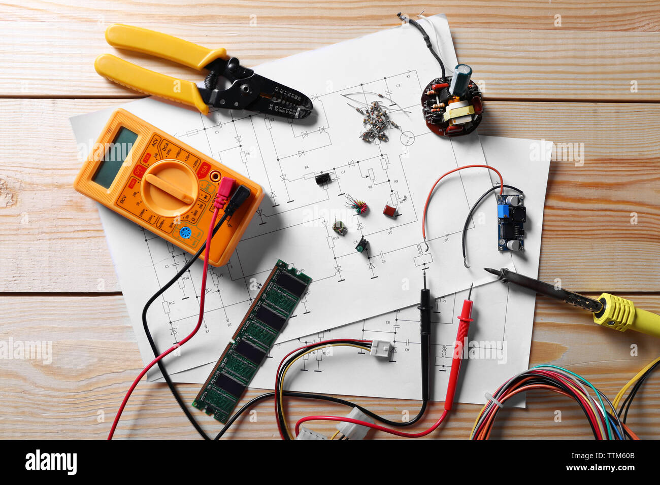 Electronic components on engineering drawings Stock Photo - Alamy