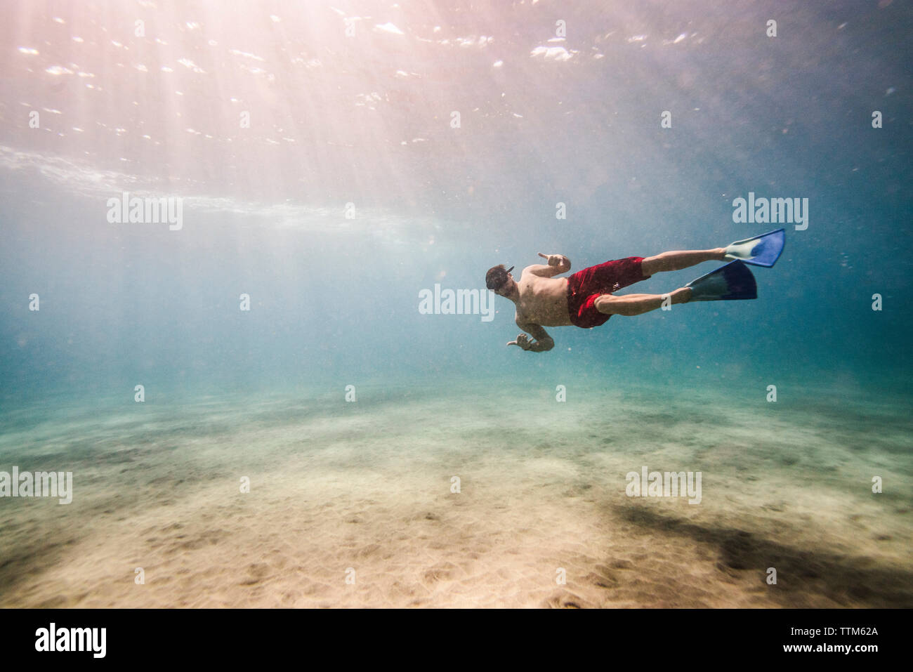 Man showing shaka sign while swimming underwater Stock Photo - Alamy