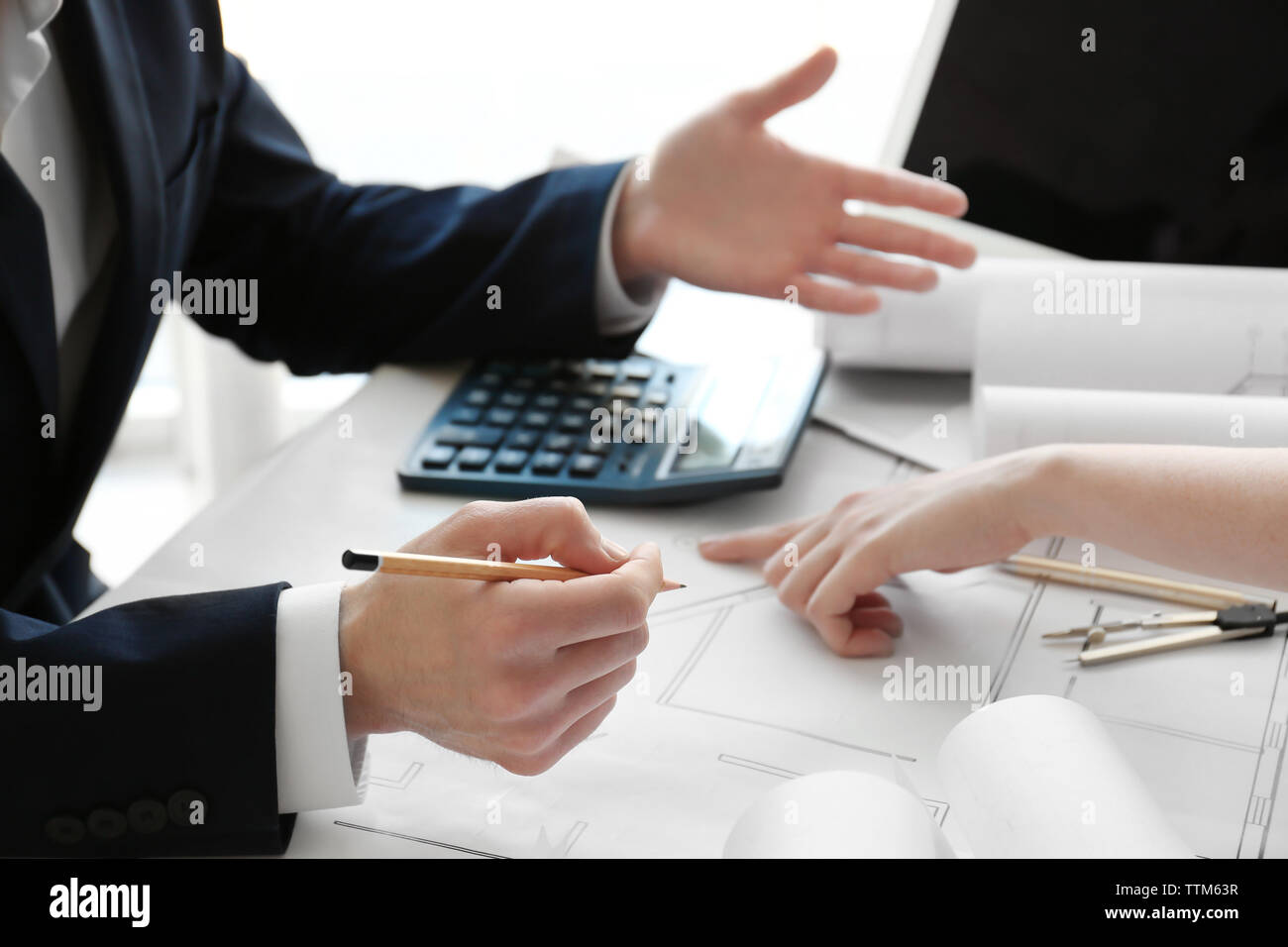 Woman engineer builder blueprint calculator hi-res stock photography ...