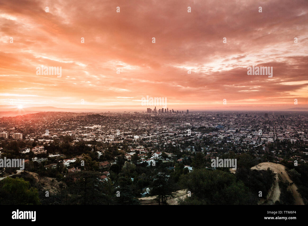 Aerial view of cityscape during sunset Stock Photo - Alamy