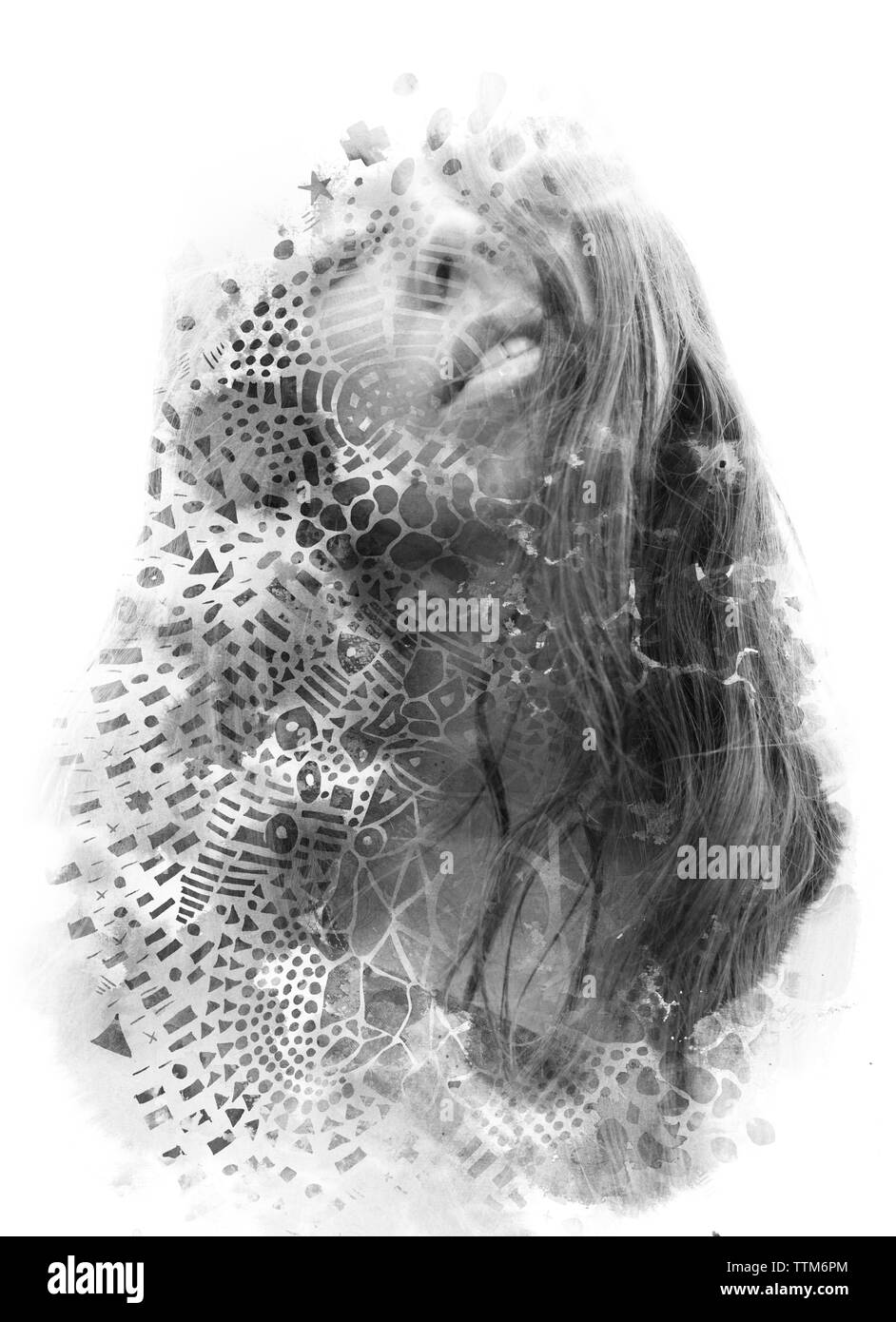 Double exposure. Paintography. Portrait of a beautiful young female ...