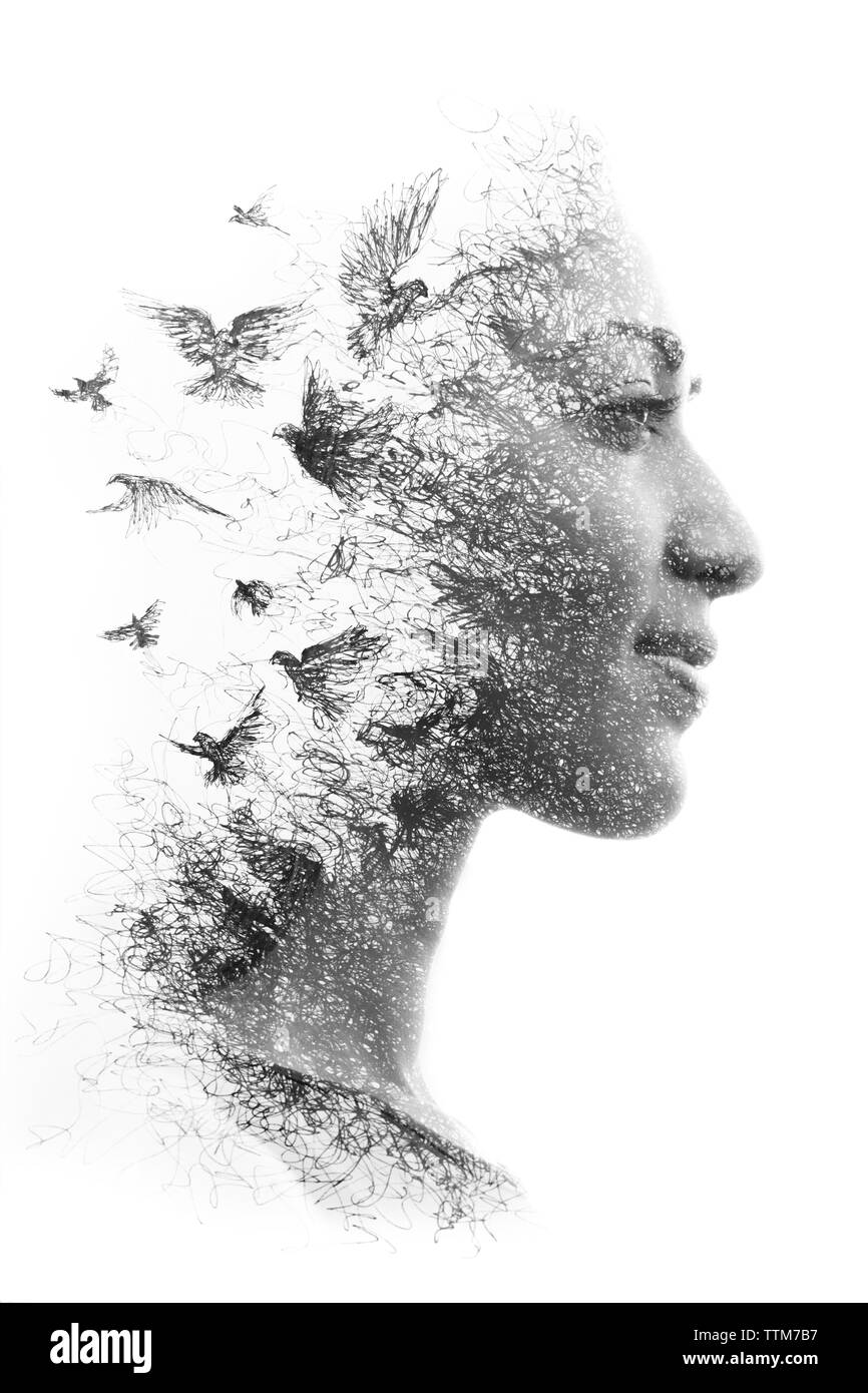Portrait photography blends with artwork creating a dreamy mood Stock ...