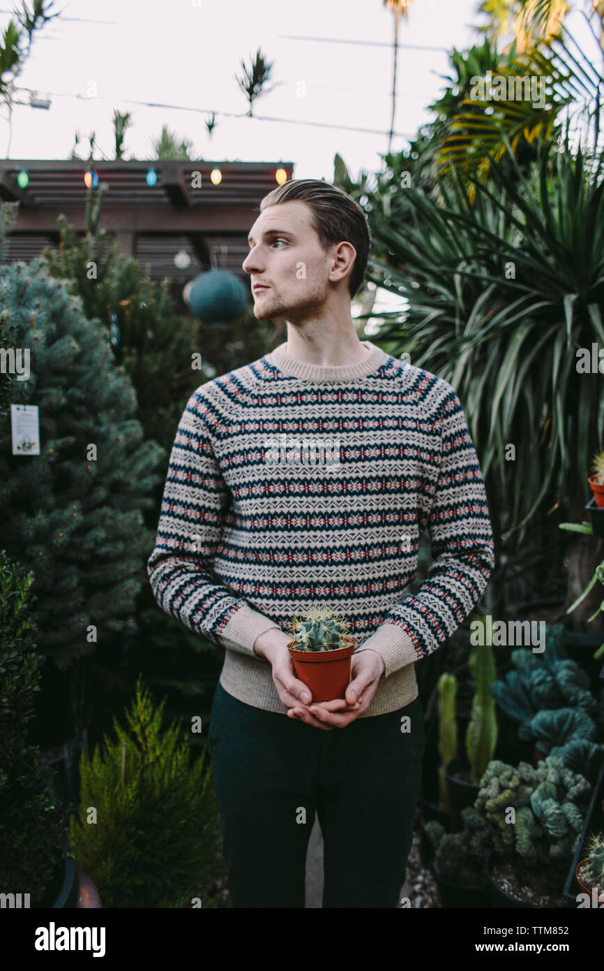 Young man holding cactus while standing in backyard Stock Photo - Alamy