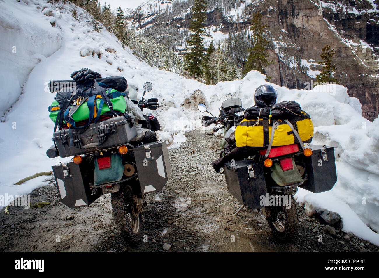 Motorcycles on road in winter Stock Photo - Alamy