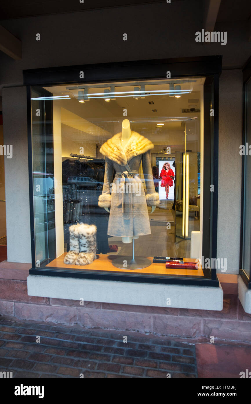 USA, Colorado, Aspen, window shopping at the Little Nell hotel Stock ...