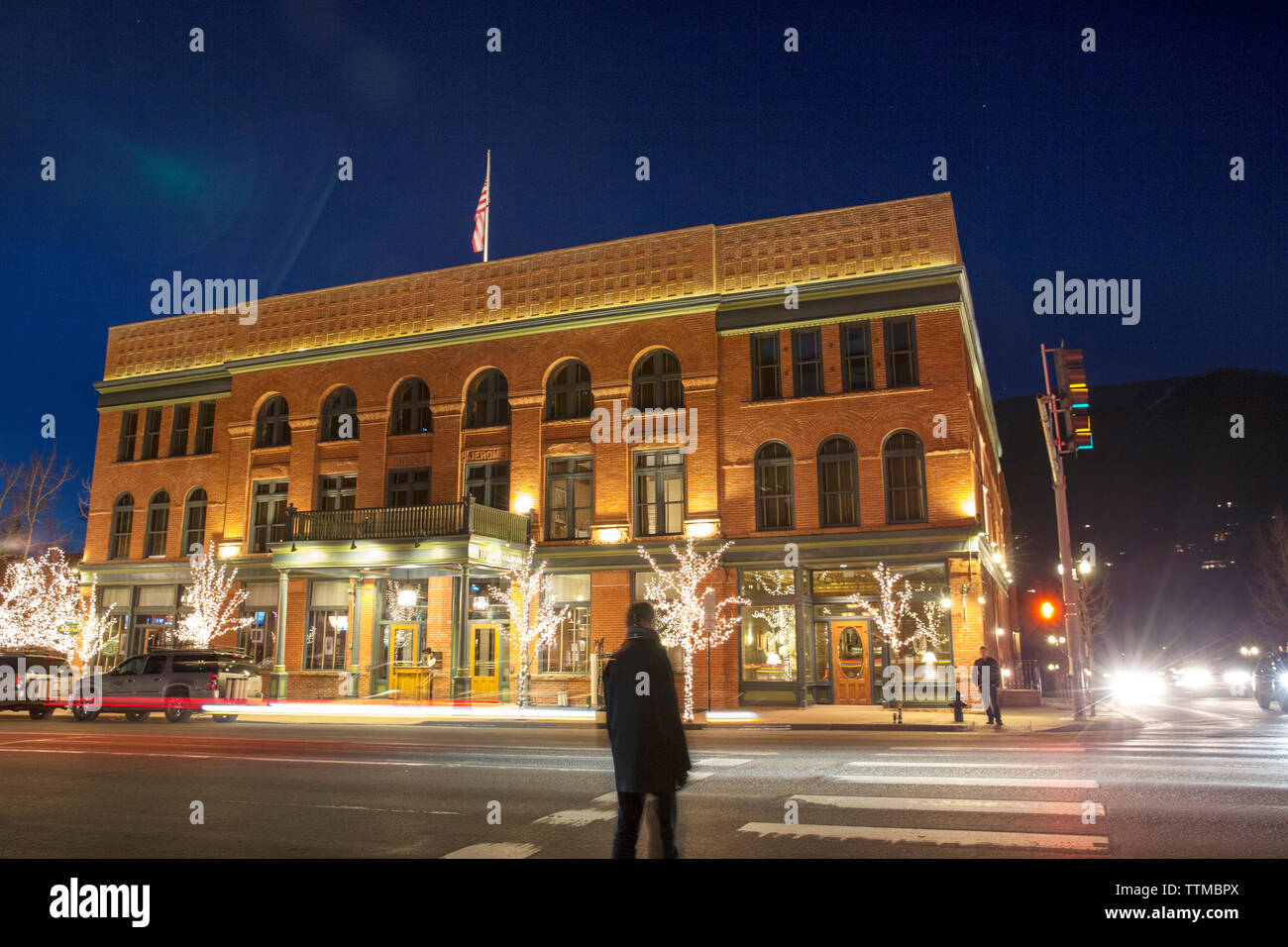 USA, Colorado, Aspen, the hotel Jerome at night, Main Street Stock ...
