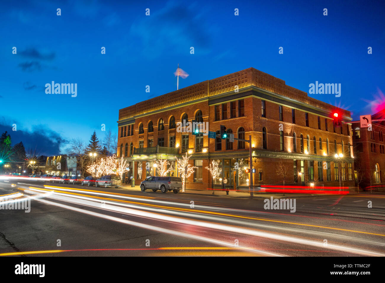 USA, Colorado, Aspen, exterior shot of the Jerome Hotel at dusk, Main ...
