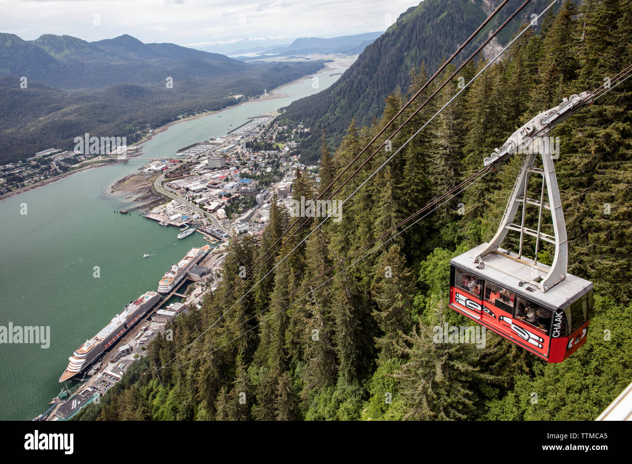 USA, Alaska, Juneau, views from the Mount Roberts Tramway of the port ...