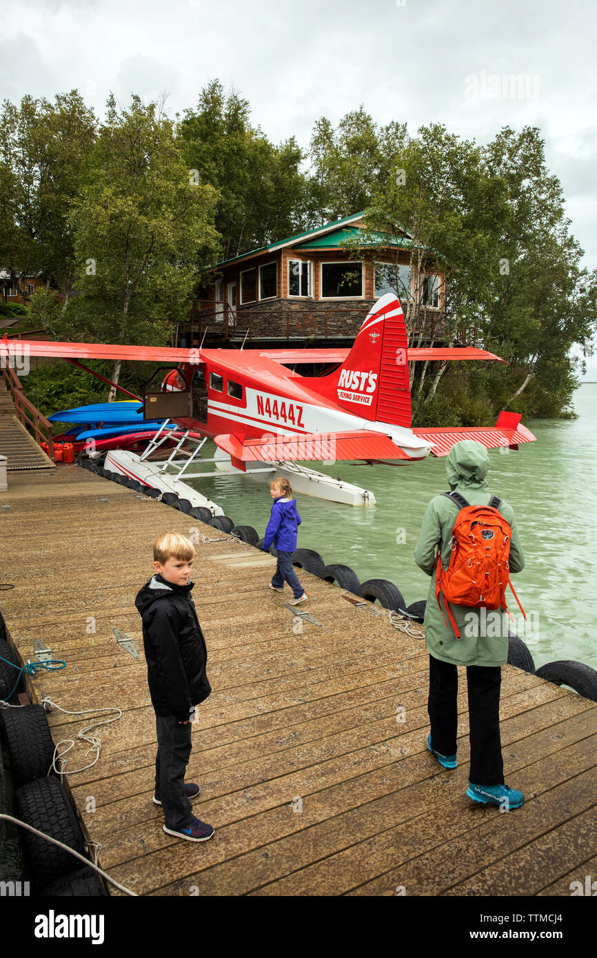 USA, Alaska, Redoubt Bay, Big River Lake, arriving on the float plane ...