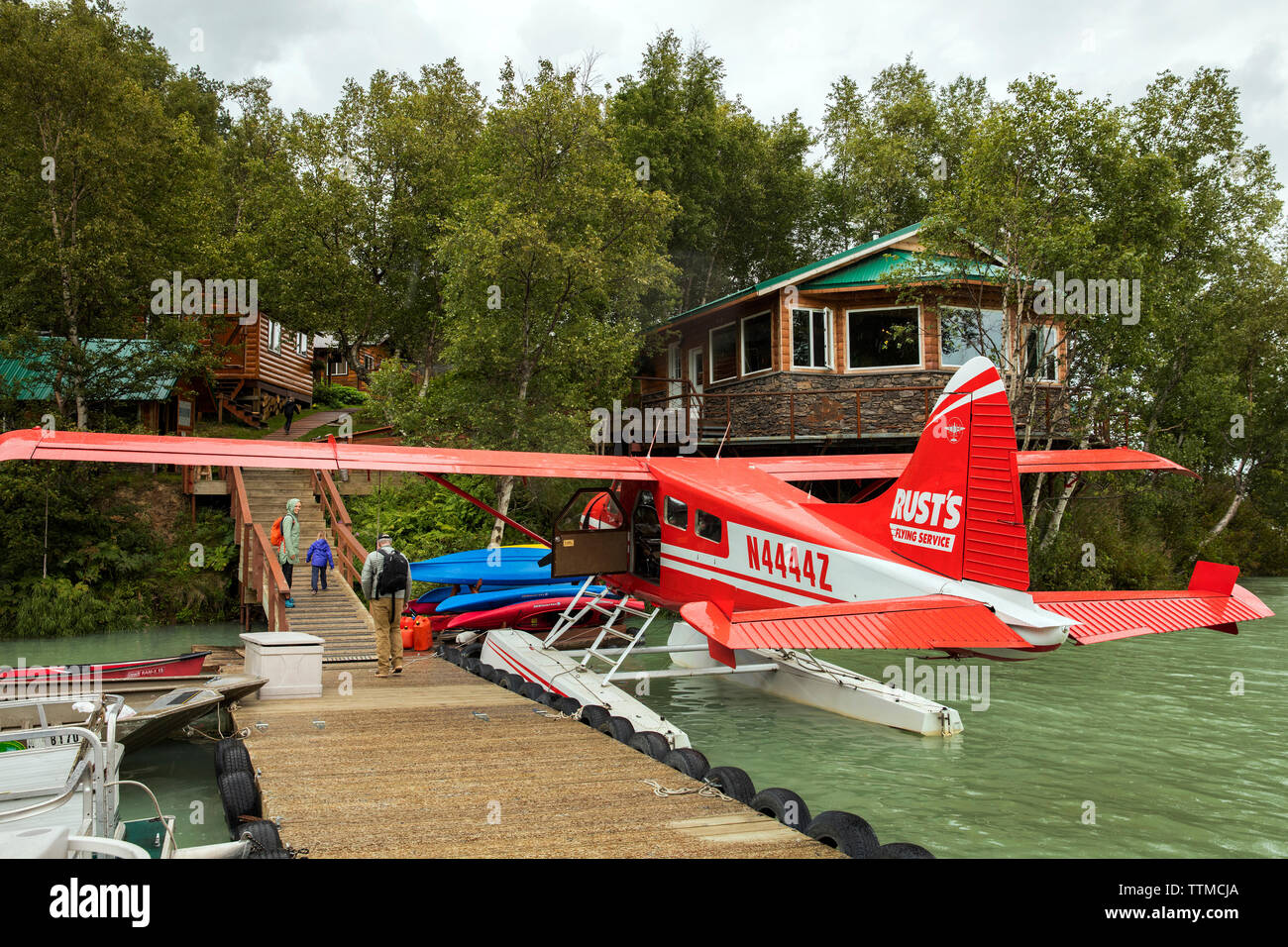 USA, Alaska, Redoubt Bay, Big River Lake, arriving on the float plane ...