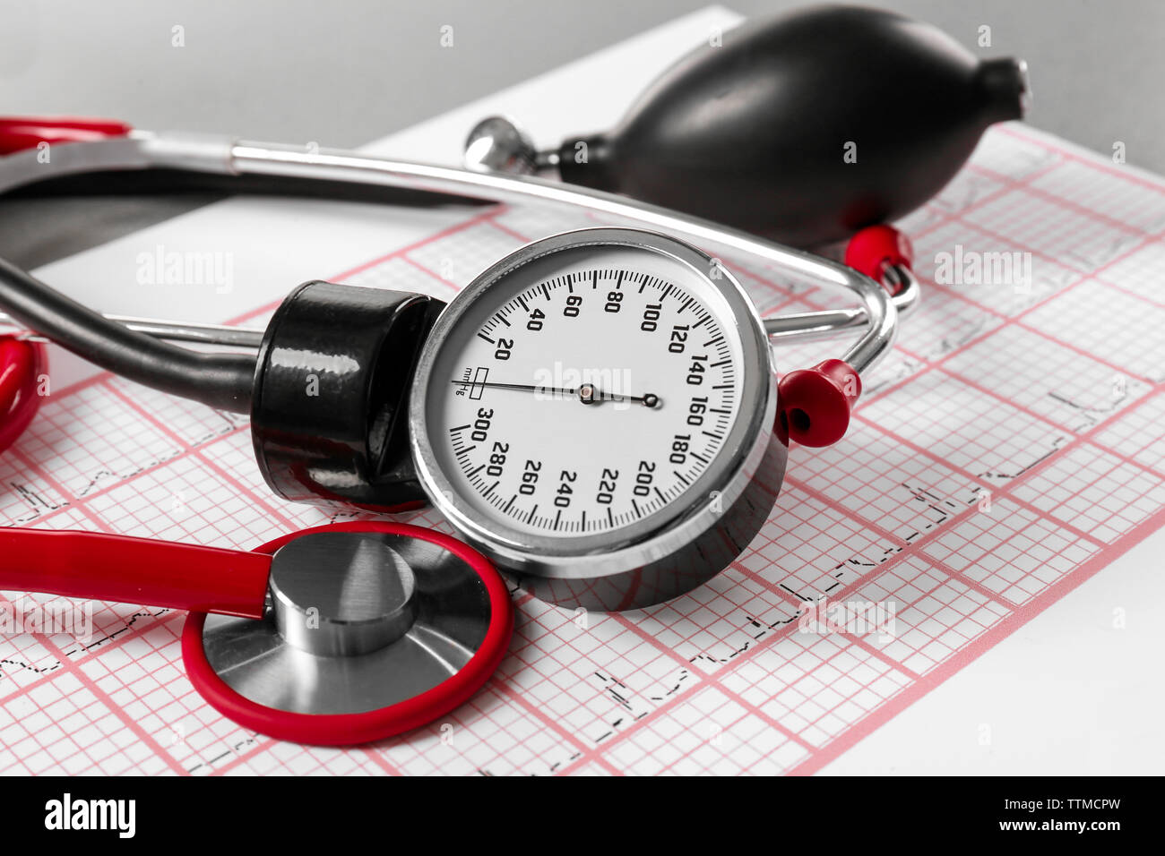 Medical concept. Medical manometer and a stethoscope on a cardiogram ...