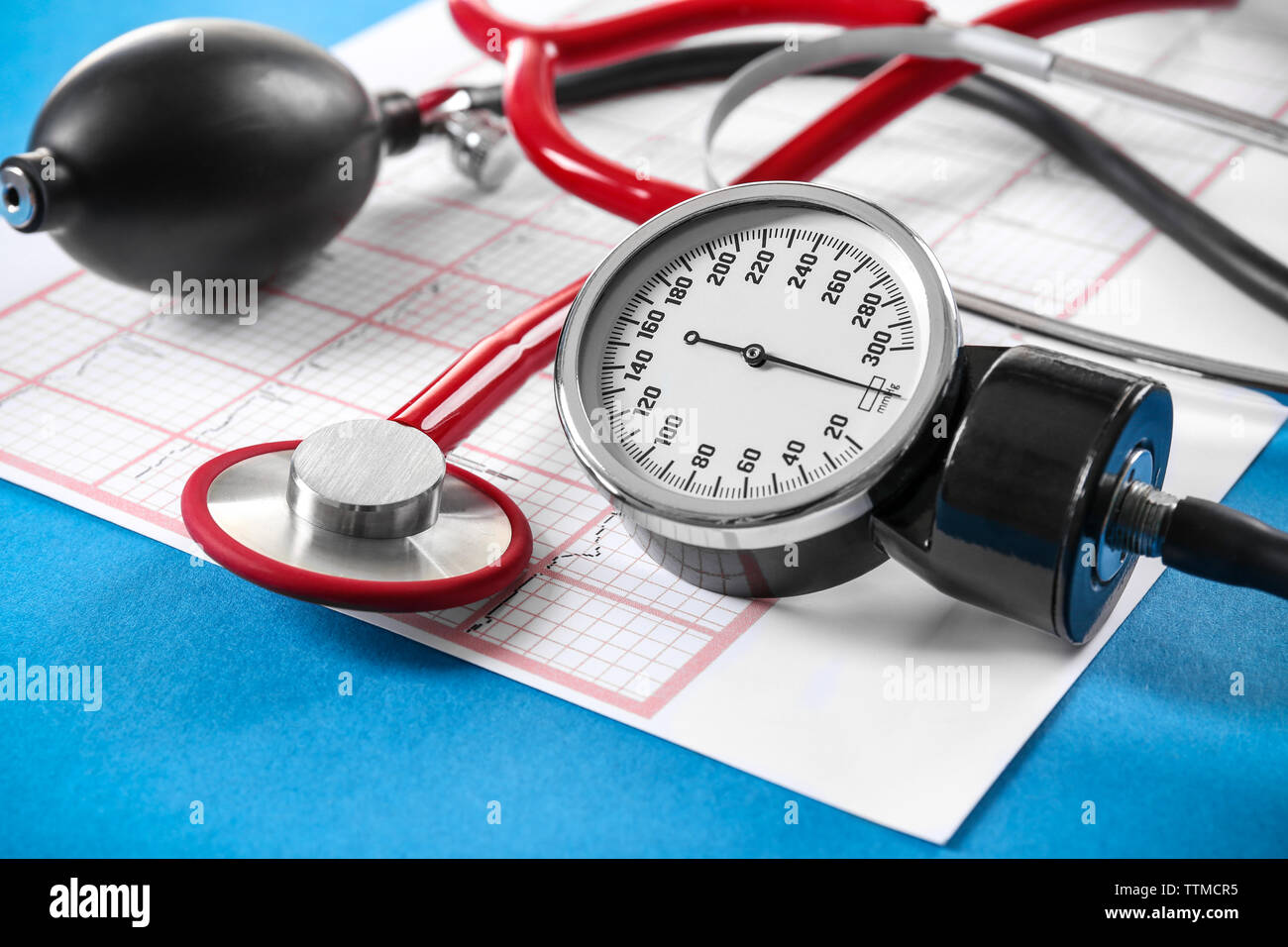 Medical concept. Medical manometer and a stethoscope on a cardiogram ...