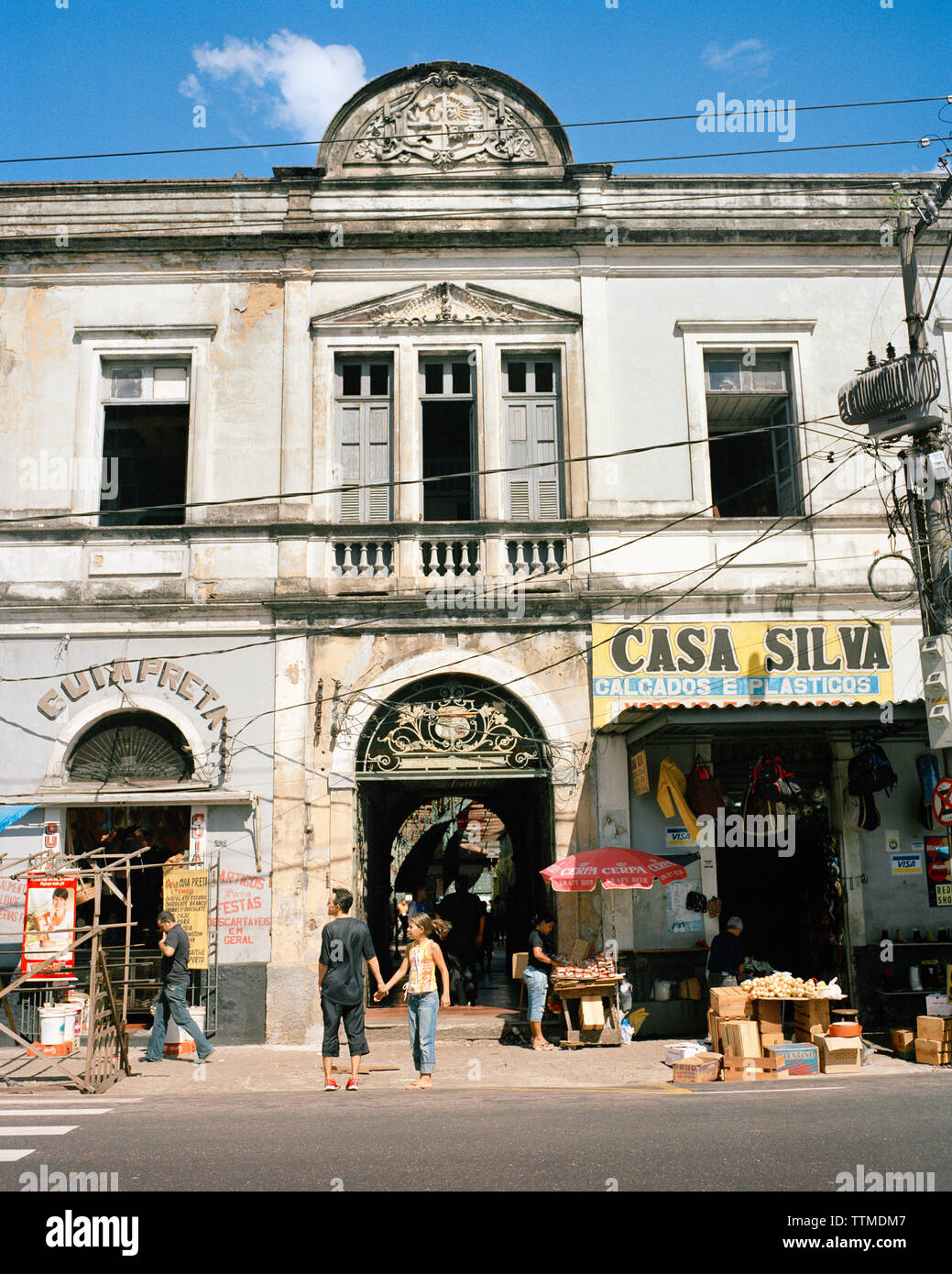 Brazil, Belem, South America, people standing by street stalls in front ...