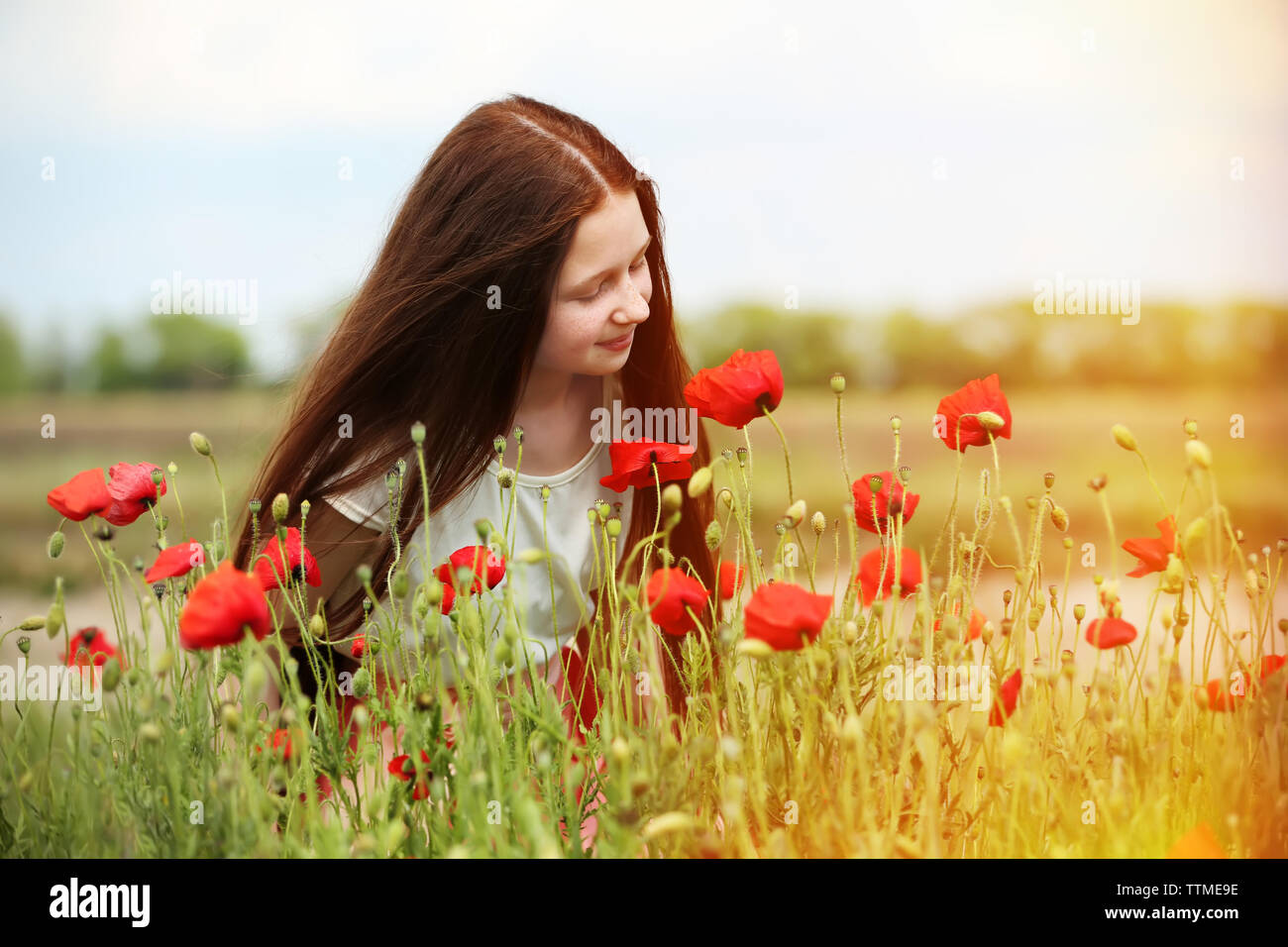 Beautiful girl in poppy field Stock Photo - Alamy