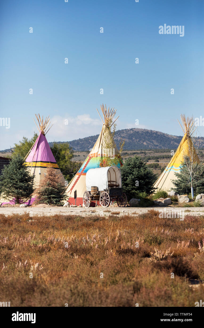USA, Nevada, Wells, colorful tipis are scattered all over Mustang ...