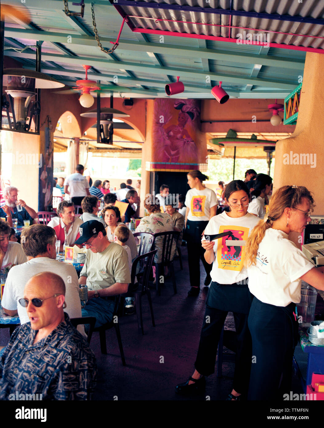 USA, New Mexico, an interior view of the Coyote Cafe restaurant in ...
