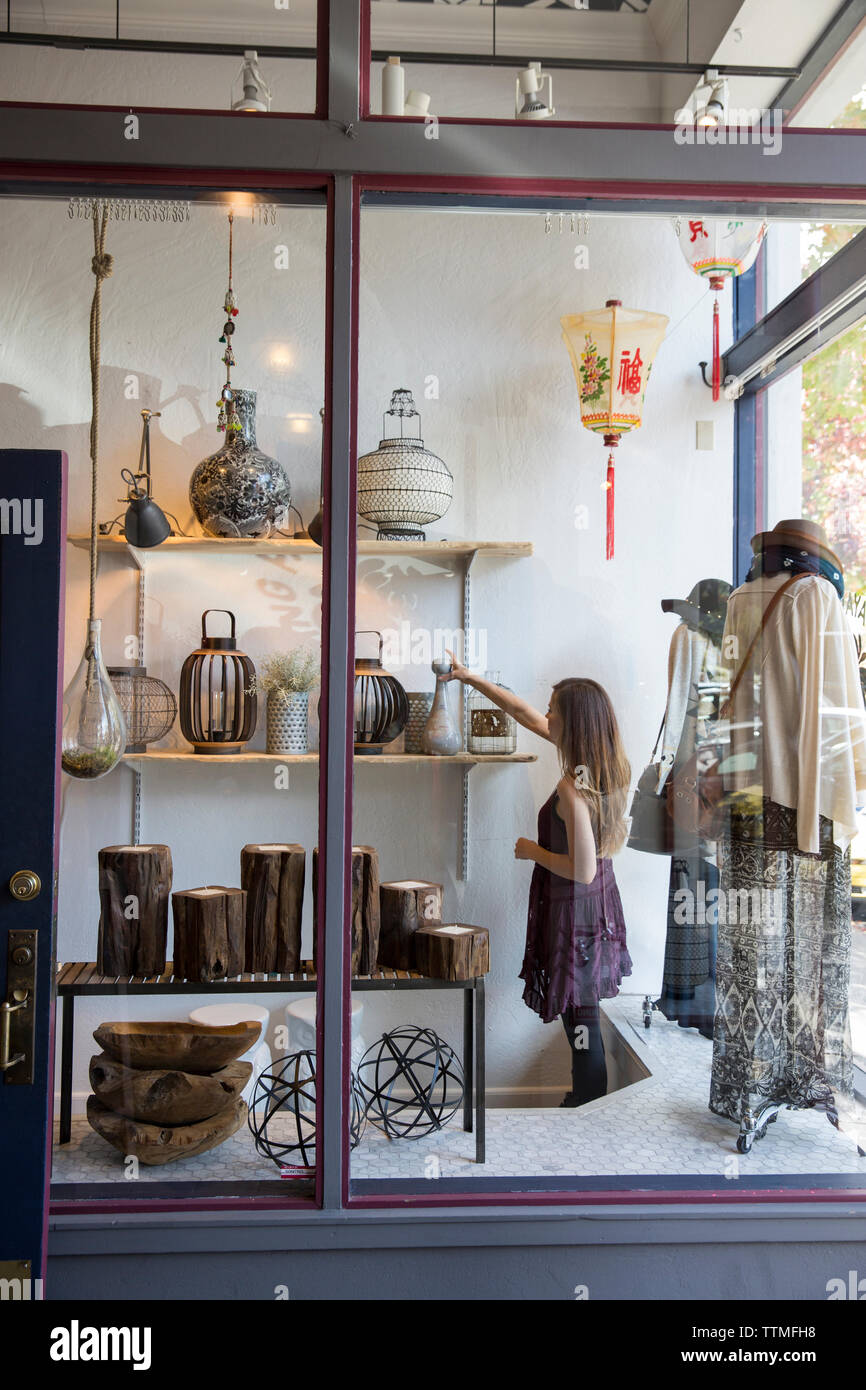 USA, Oregon, Ashland, interior of the local retail store Papaya Living ...