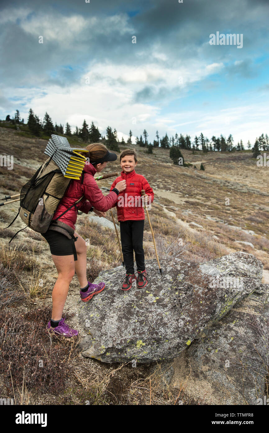 USA, Oregon, Ashland, 6 year old Christian Rego aka Buddy Backpacker ...