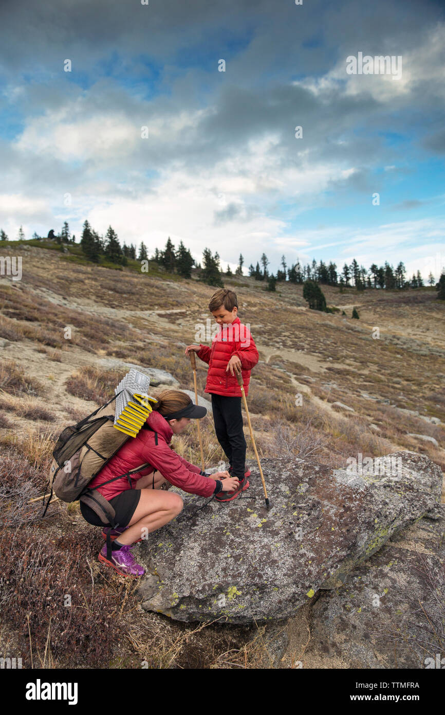 USA, Oregon, Ashland, 6 year old Christian Rego aka Buddy Backpacker ...