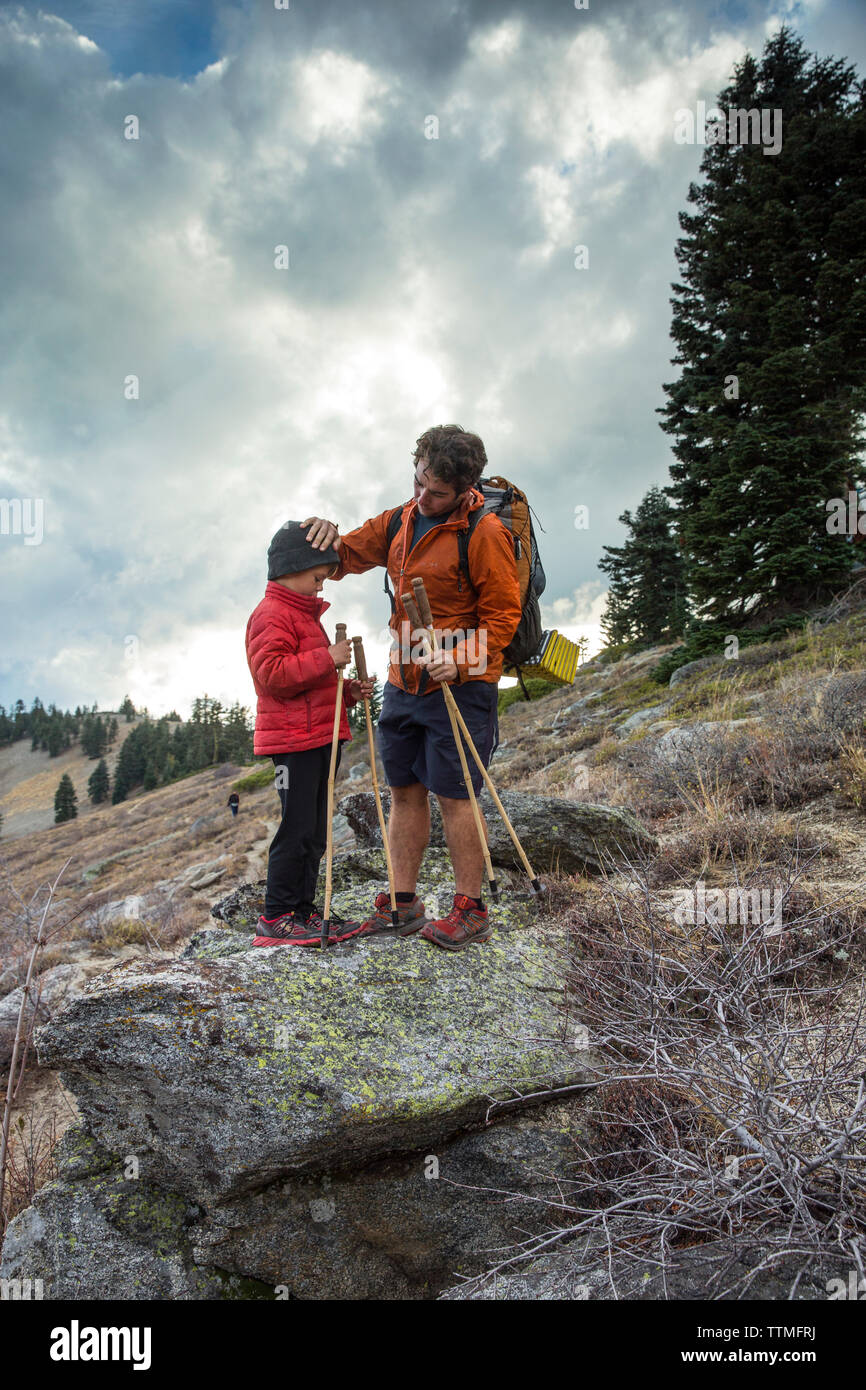 USA, Oregon, Ashland, 6 year old Christian Rego aka Buddy Backpacker ...