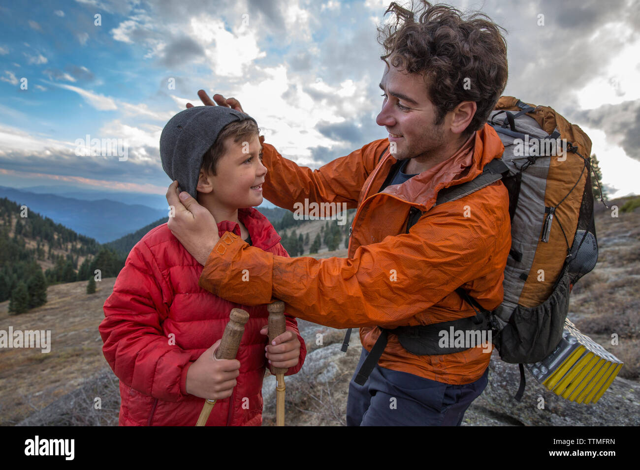 USA, Oregon, Ashland, 6 year old Christian Rego aka Buddy Backpacker ...