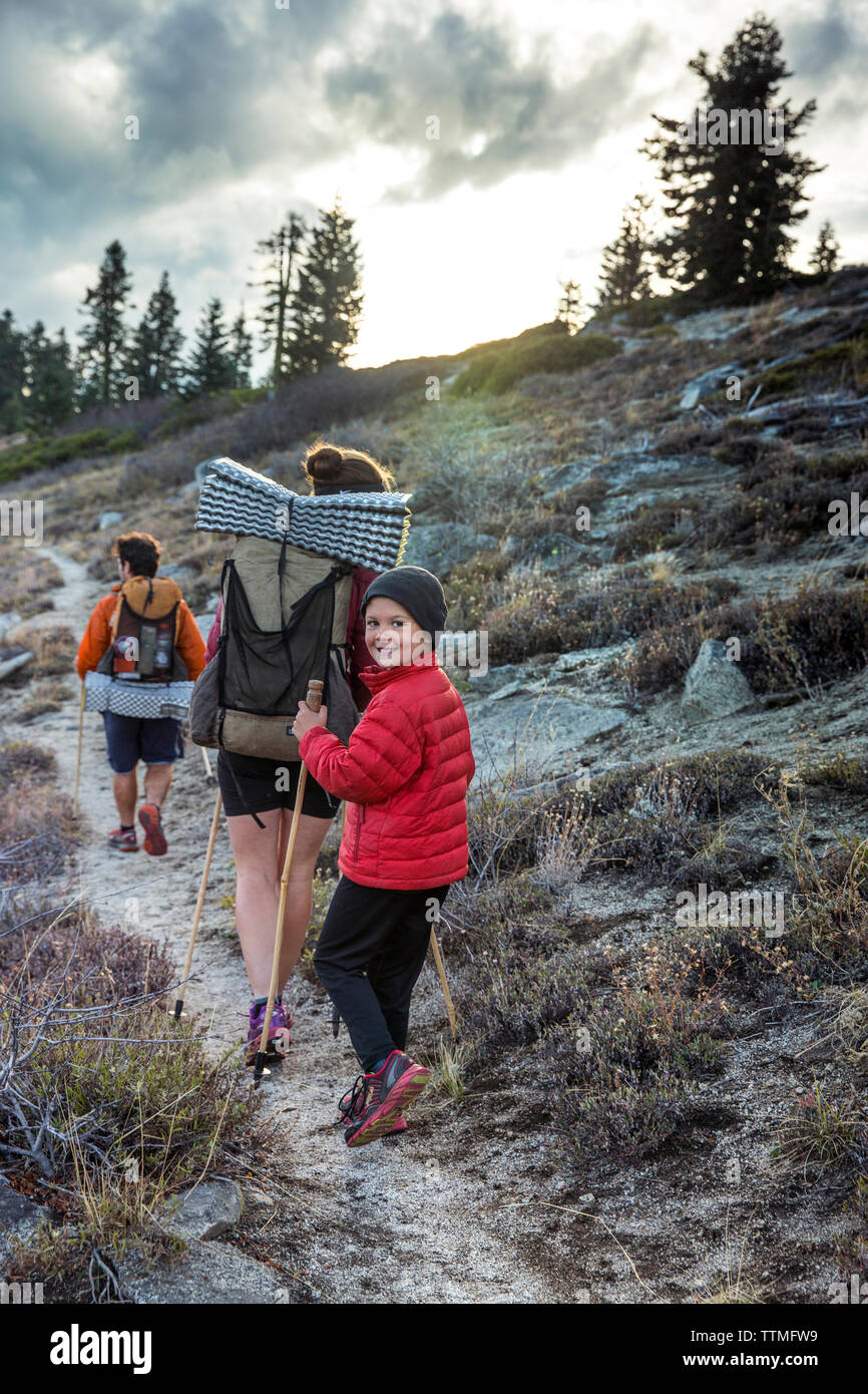 USA, Oregon, Ashland, 6 year old Christian Rego aka Buddy Backpacker ...