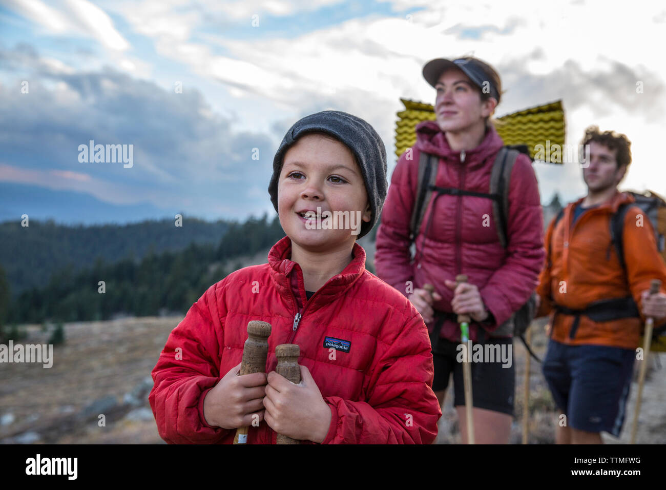 USA, Oregon, Ashland, 6 year old Christian Rego aka Buddy Backpacker ...