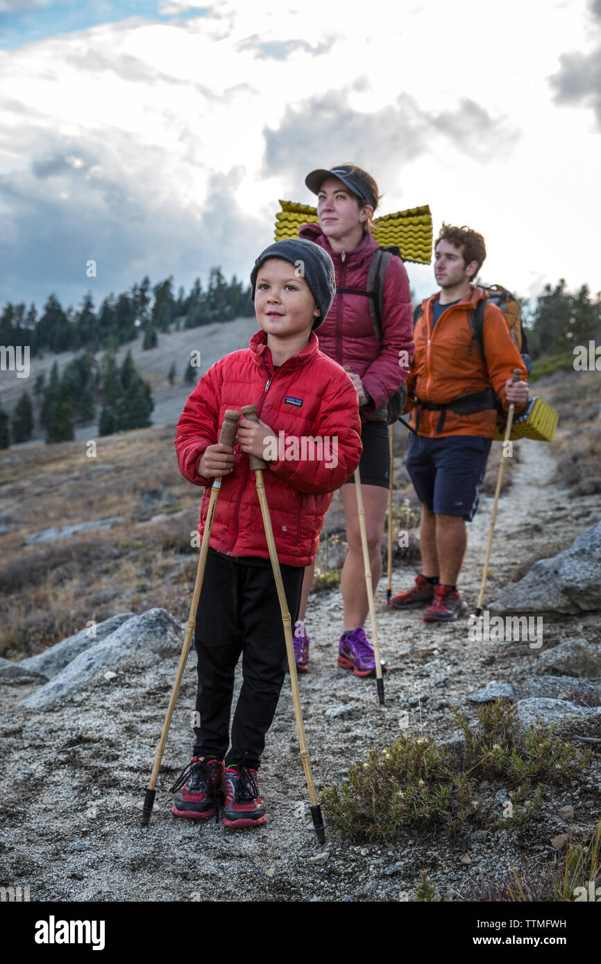 USA, Oregon, Ashland, 6 year old Christian Rego aka Buddy Backpacker ...