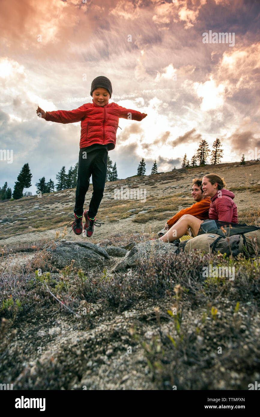 USA, Oregon, Ashland, 6 year old Christian Rego aka Buddy Backpacker ...
