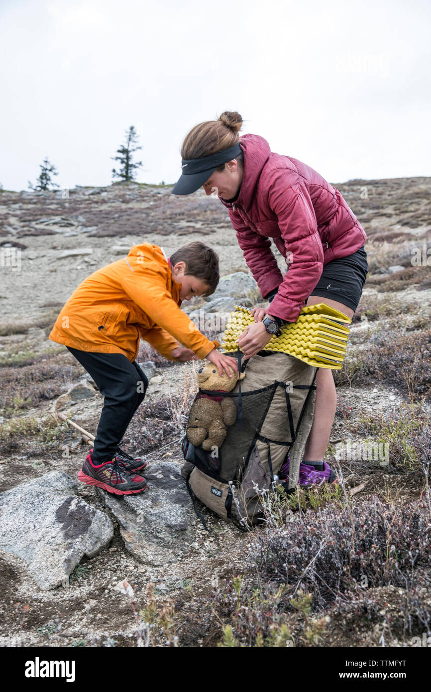 USA, Oregon, Ashland, 6 year old Christian Rego aka Buddy Backpacker ...