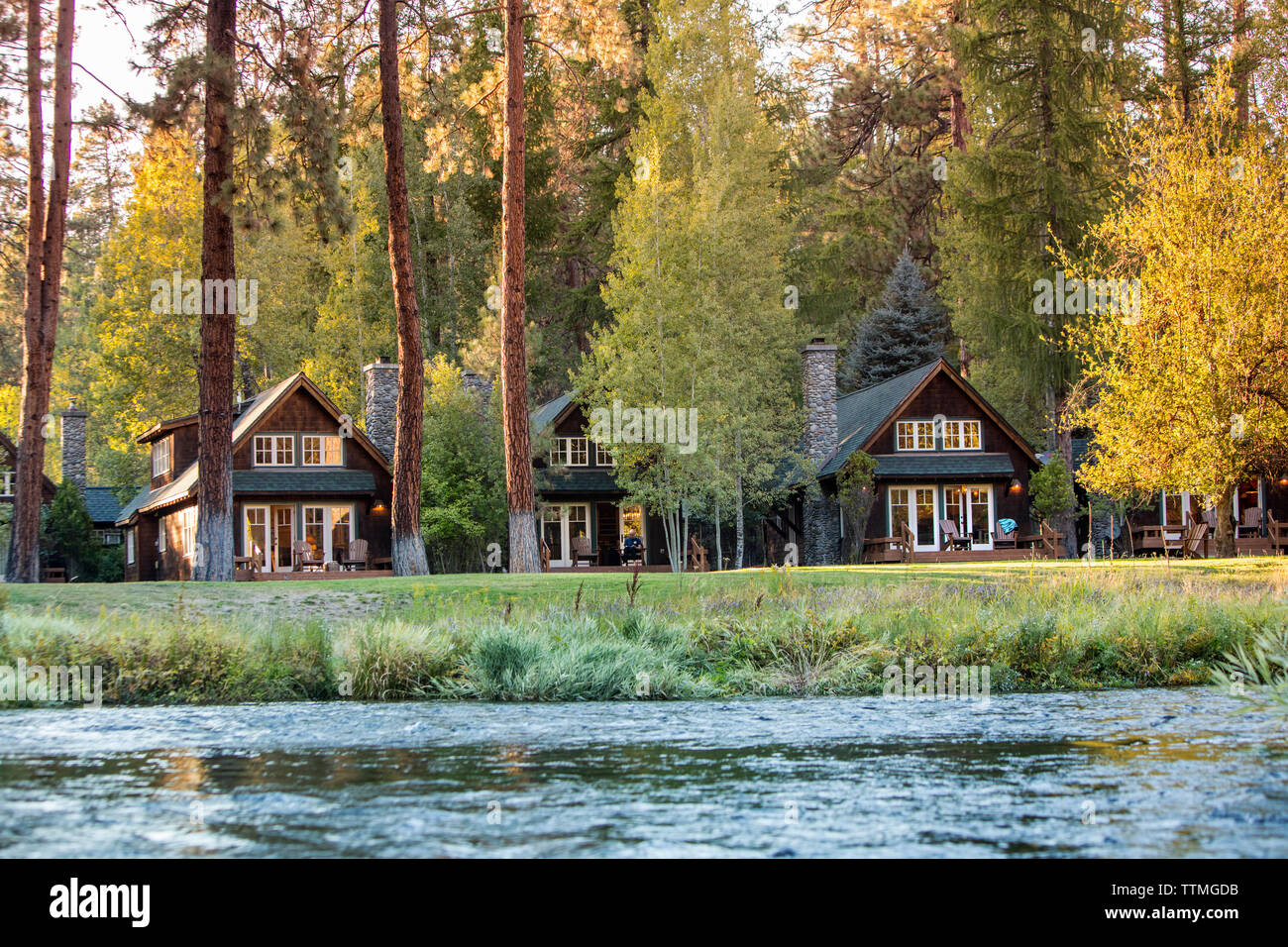 USA, Oregon, Camp Sherman, Metolius River Resort, View of cabins from ...