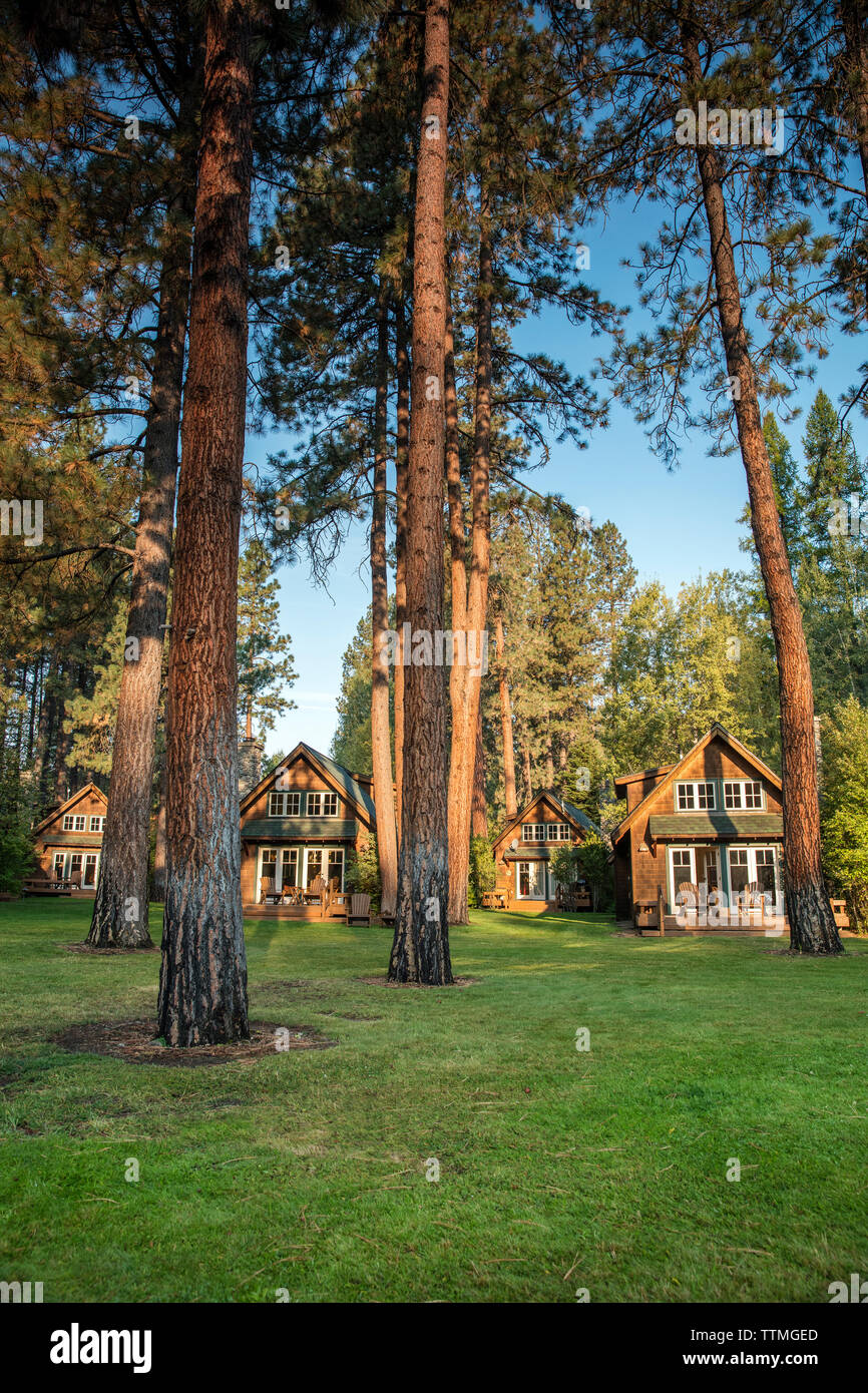 USA, Oregon, Camp Sherman, Metolius River Resort, cabins morning Stock ...