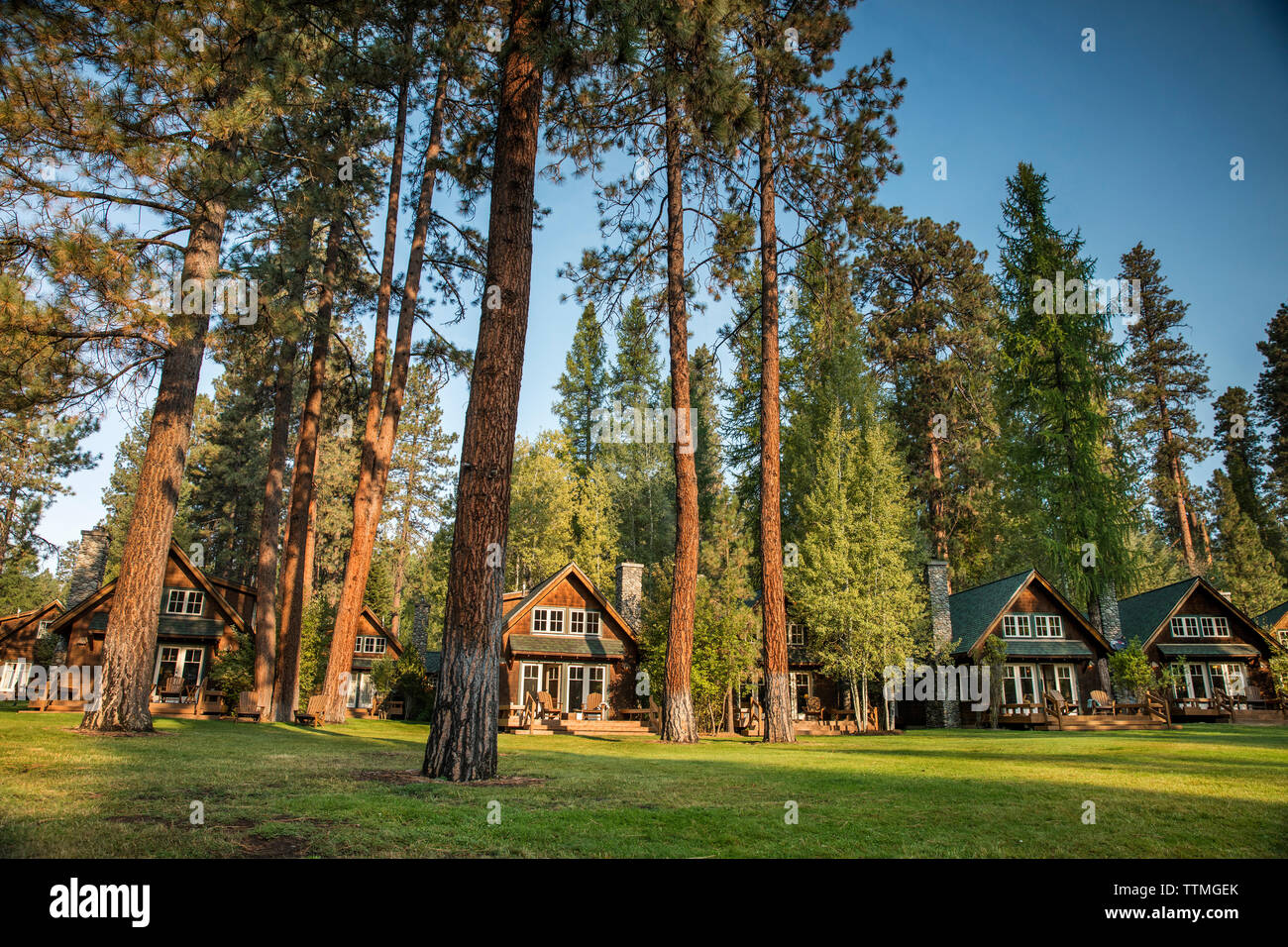 USA, Oregon, Camp Sherman, Metolius River Resort, cabins morning Stock ...
